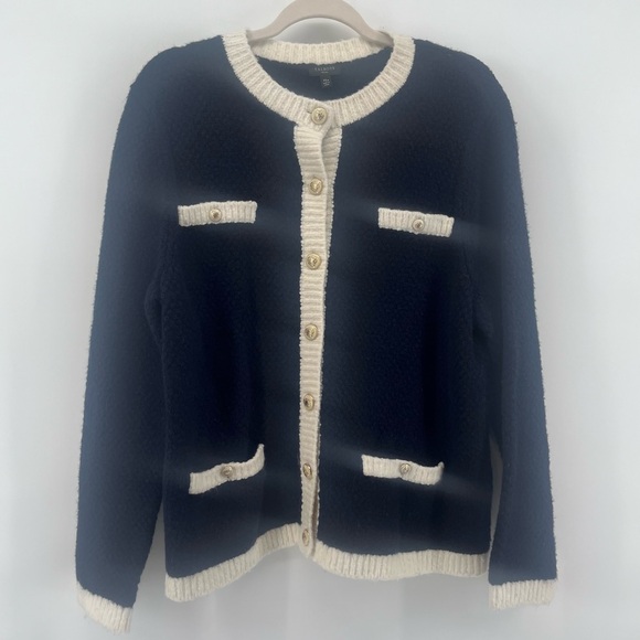 Talbots | Sweaters | Nwt Talbots Boucl Navy Cardigan Cream Trim Gold ...